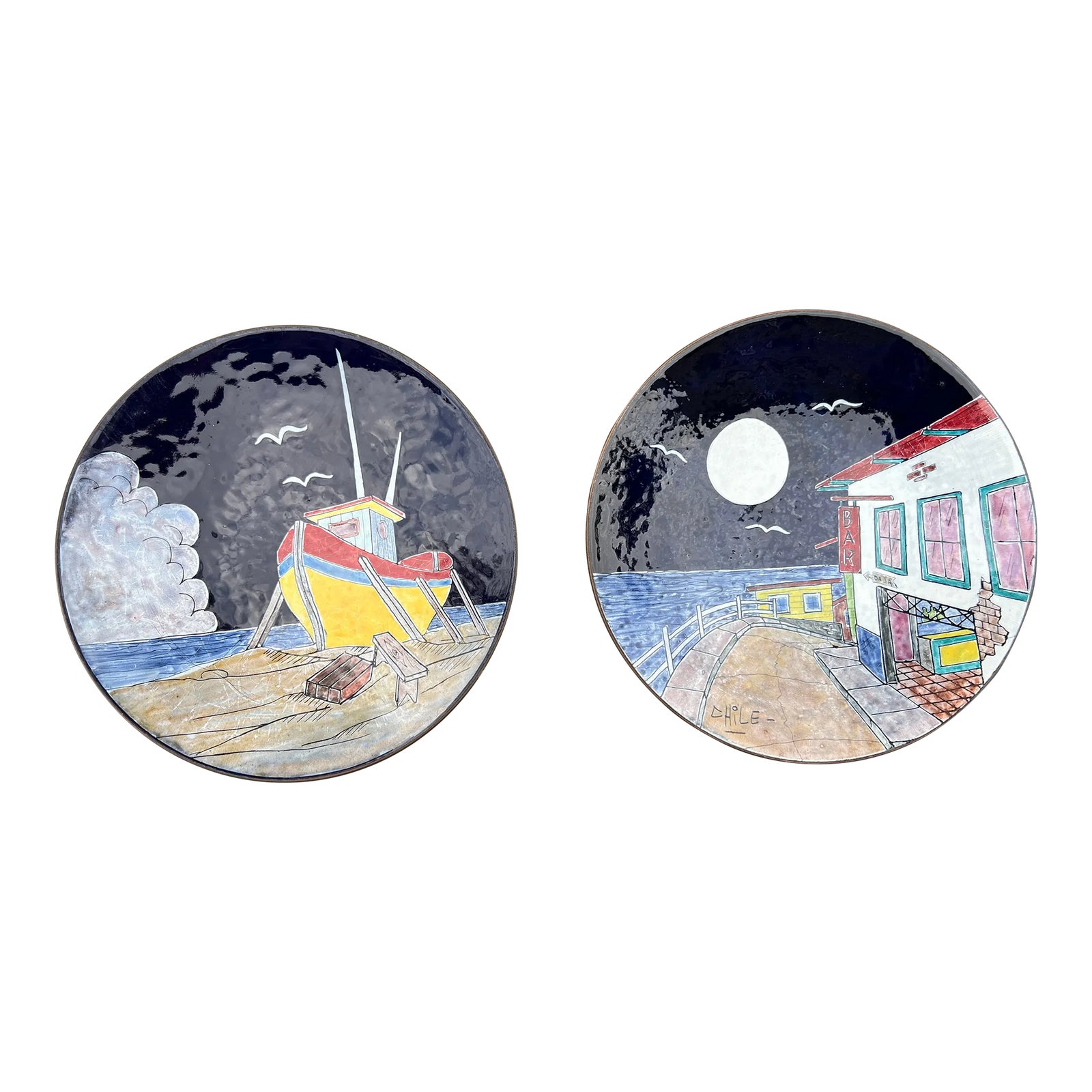 A Pair of 1980s Enameled, Copper Plates From Chile | Chairish