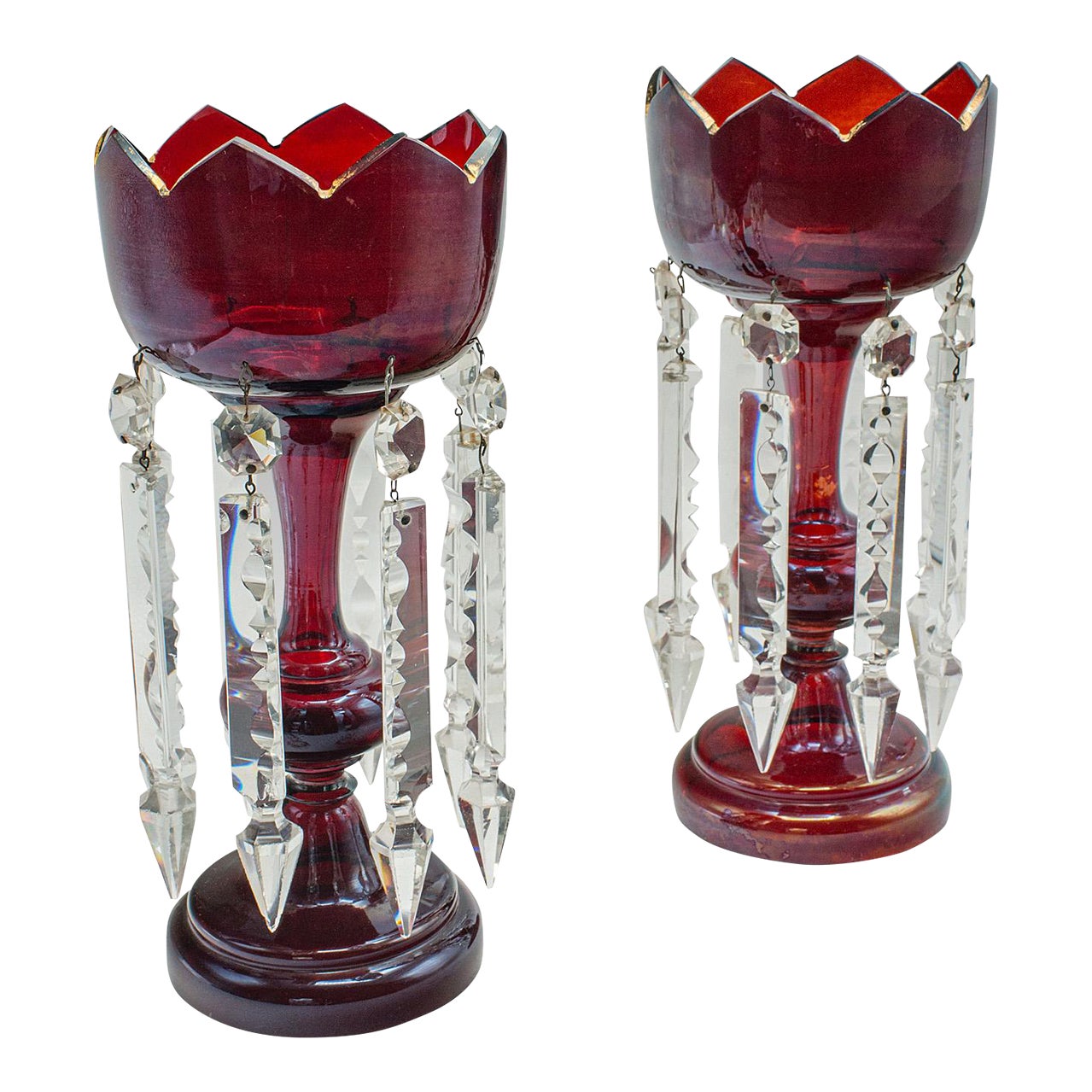 Pair of Antique Cranberry Lustres, English, Glass, Candle Lamp ...