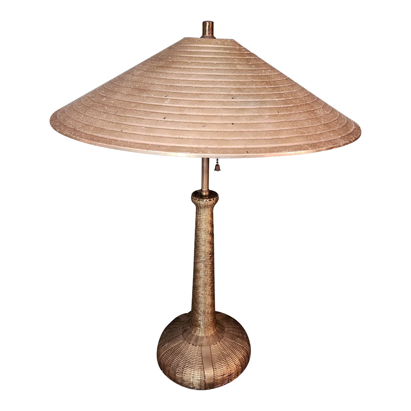 Mid Century Chapman Style Woven Brass Lamp & Pierced Shade | Chairish
