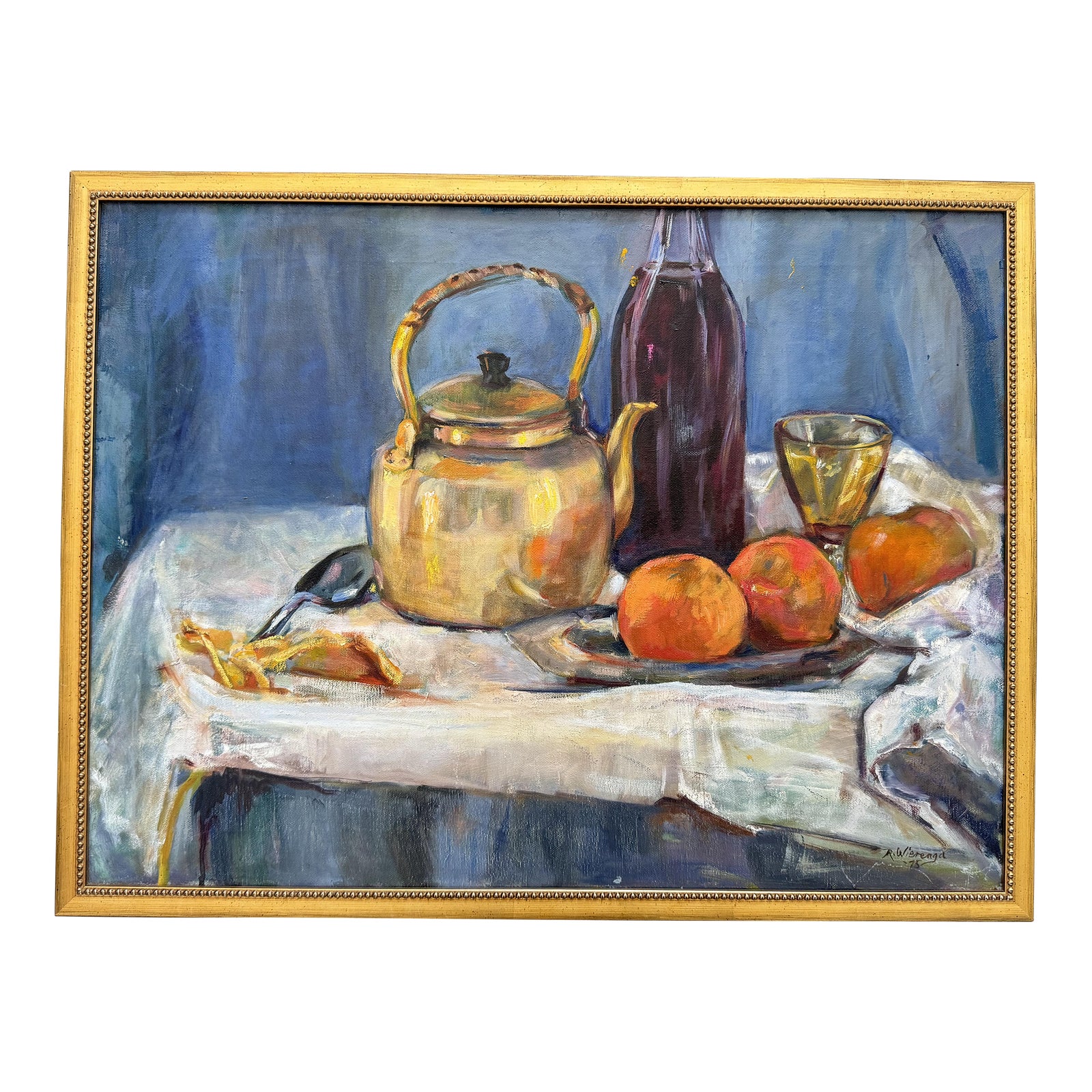 1970s Still Life Painting - Fruit on Table With Kettle | Chairish