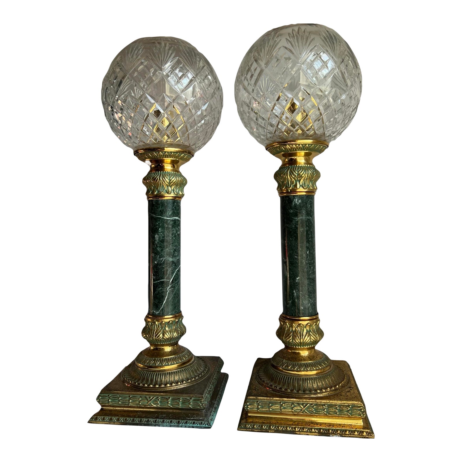 Vintage Art Deco Style Crystal Globe Brass Torch Lamps - a Pair | Chairish