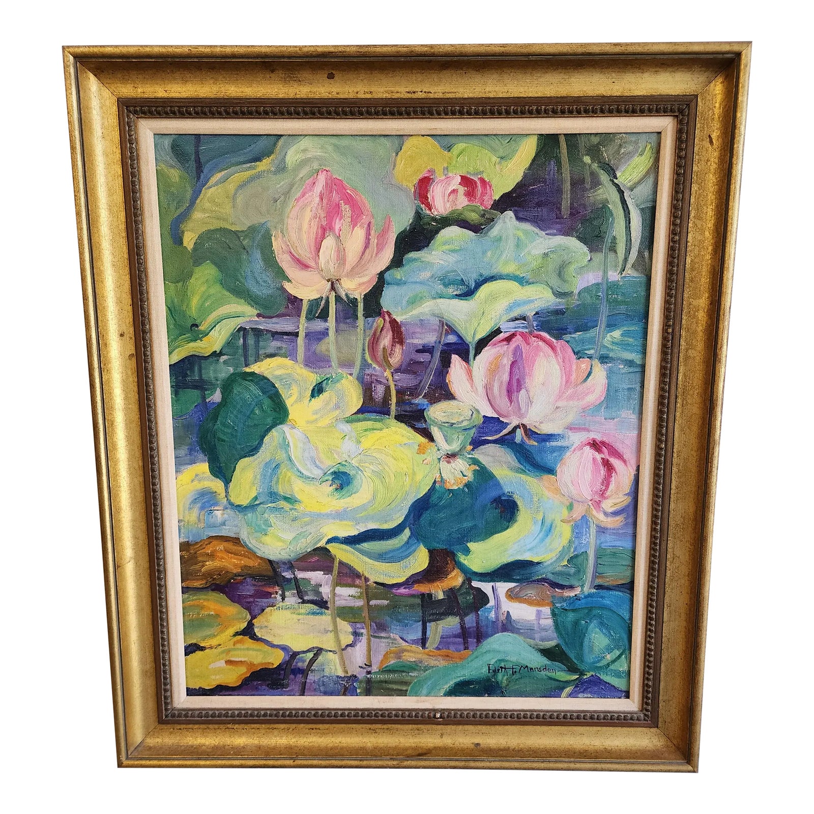 Early 20th Century "Lotus in Forest Park" by Edith F. Marsden, Oil on ...