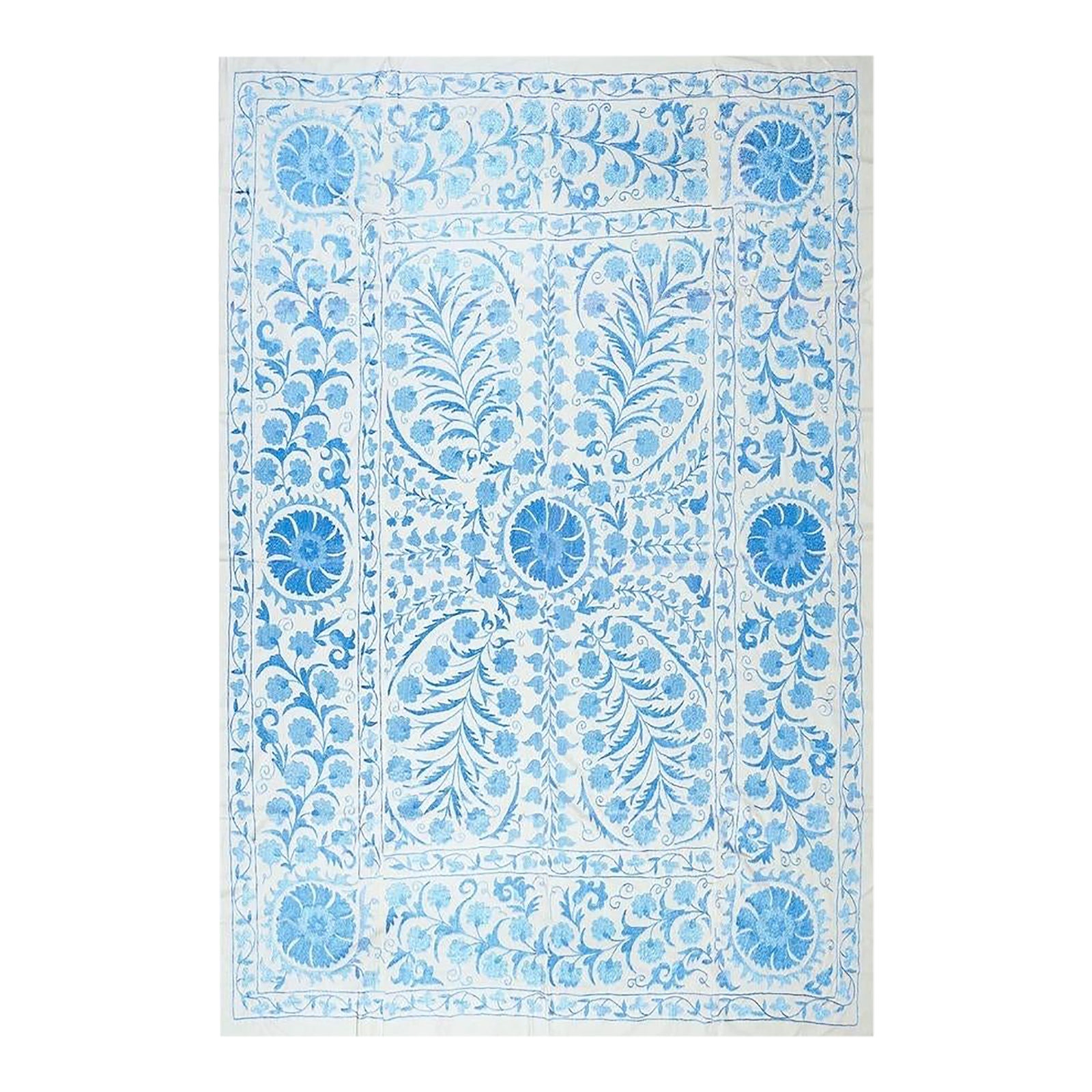 Hand Embroidered Cotton & Silk Bed Cover in Cream & Light Blue, Suzani ...