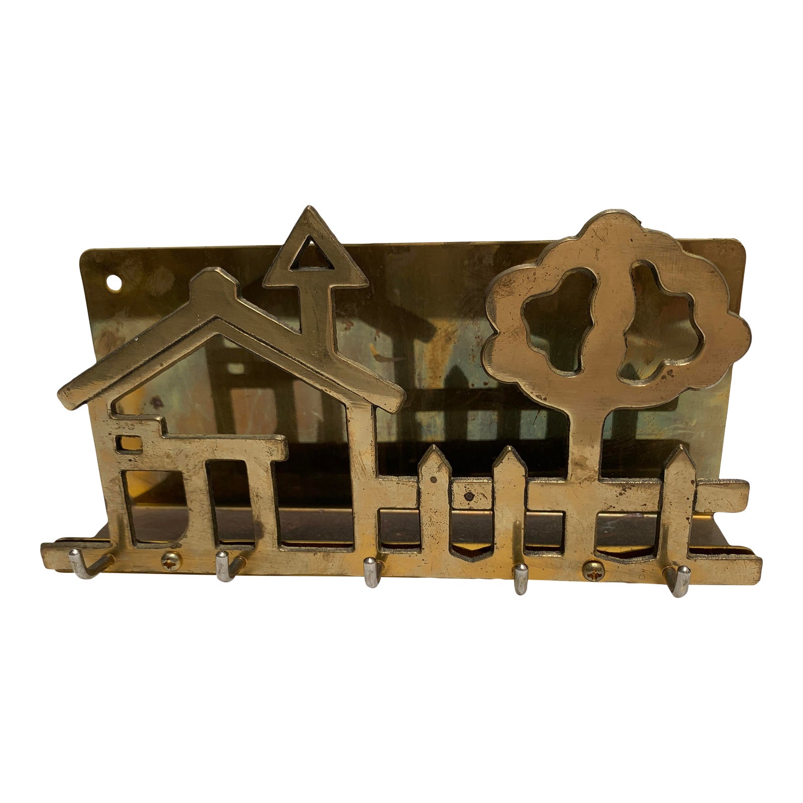Vintage House Shaped Brass Key Hook and Letter Holder | Chairish