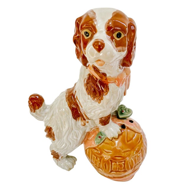 Staffordshire Pottery Spaniel on Carved Ball Dog Figurine | Chairish