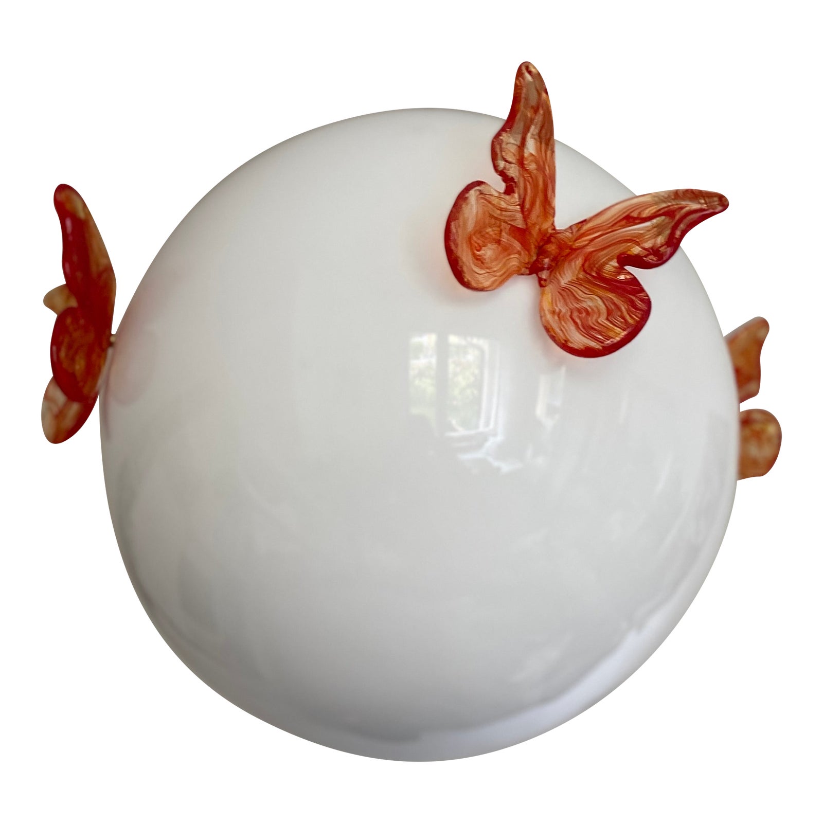 Italian Murano Style Glass Opalino Pendant With Red Butterfly | Chairish