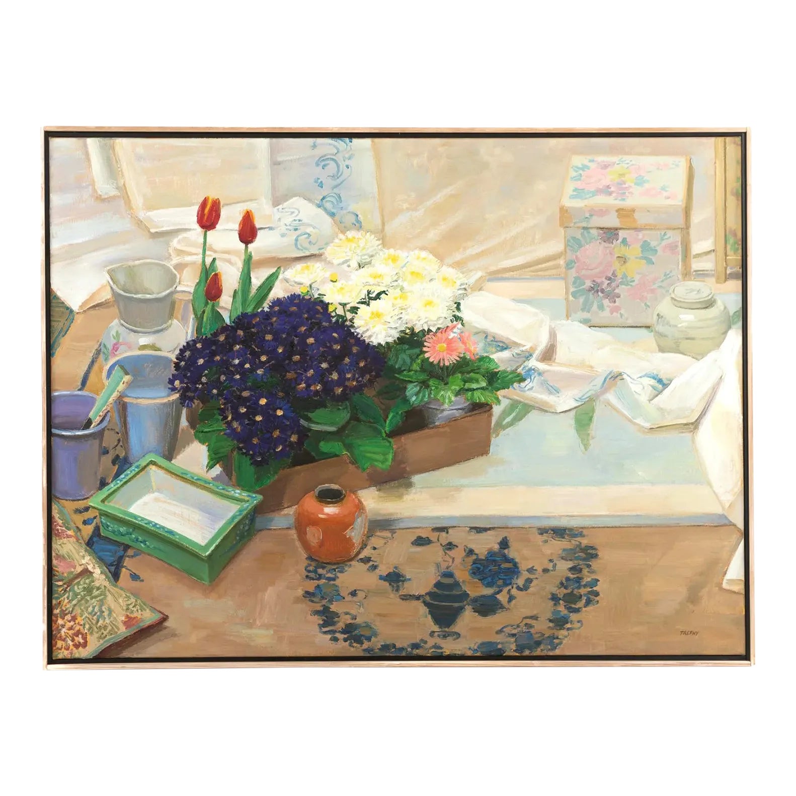 Large 41" Signed Frank Trefny "Easter Flowers" Still Life Oil Painting ...