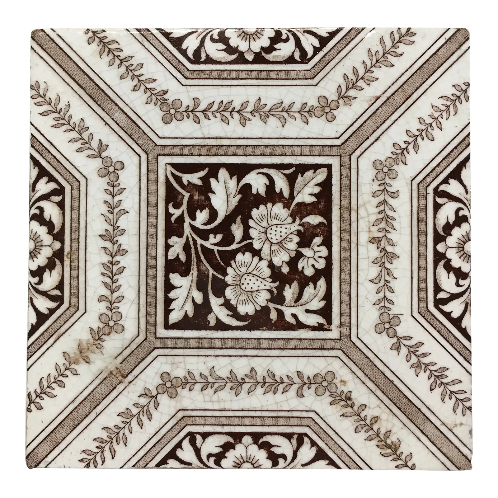 1880s Victorian Aesthetic Movement Floral Center Brown Tile | Chairish