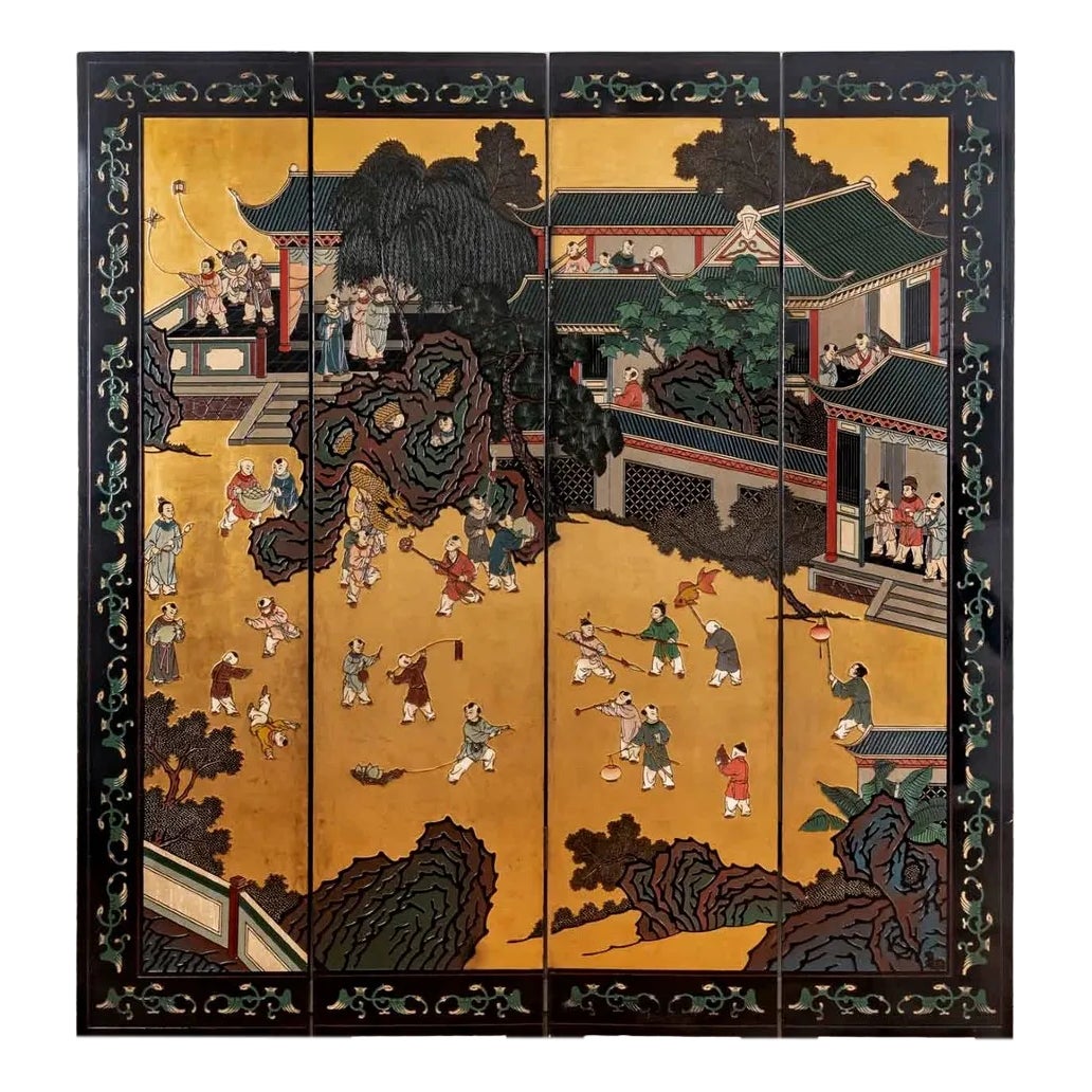 Coromandel Black Lacquer Screen with Four Panels, Early 20th Century ...