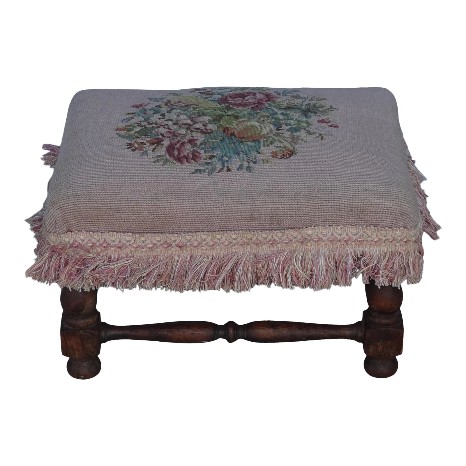 Vintage French Provincial Pink Floral Tapestry Footstool with Fringe ...