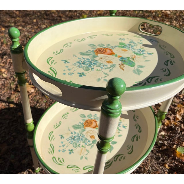 French Country Style Wood Serving Table With Two Tiered Stenciled Trays ...