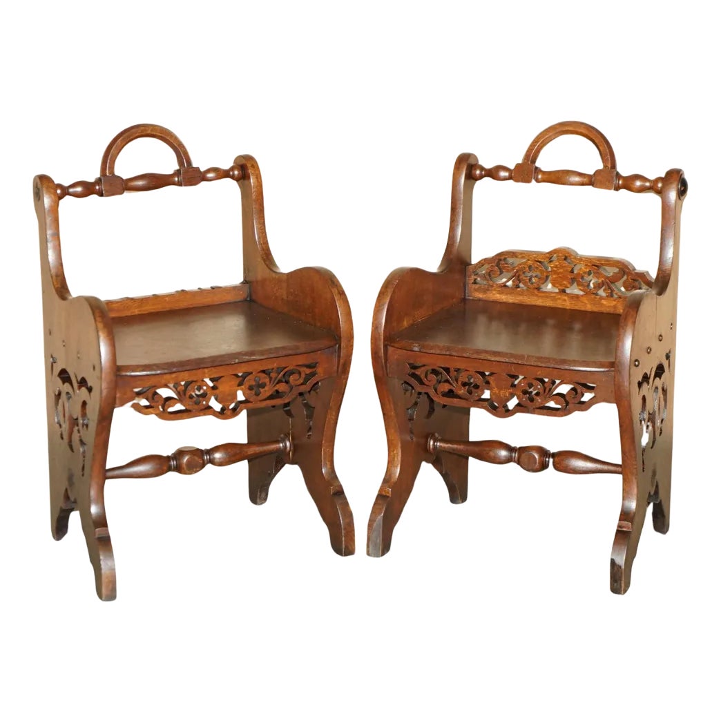 Set of Antique Victorian English Hand Carved Hall Chairs with Rotating ...