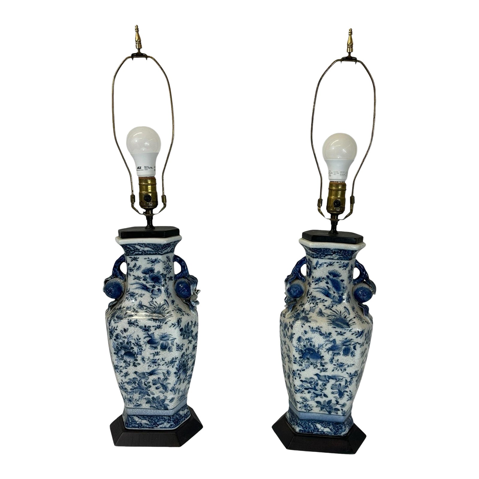 Pair of Antique Blue and White Floral Crackle-Glaze Vase Lamps With ...