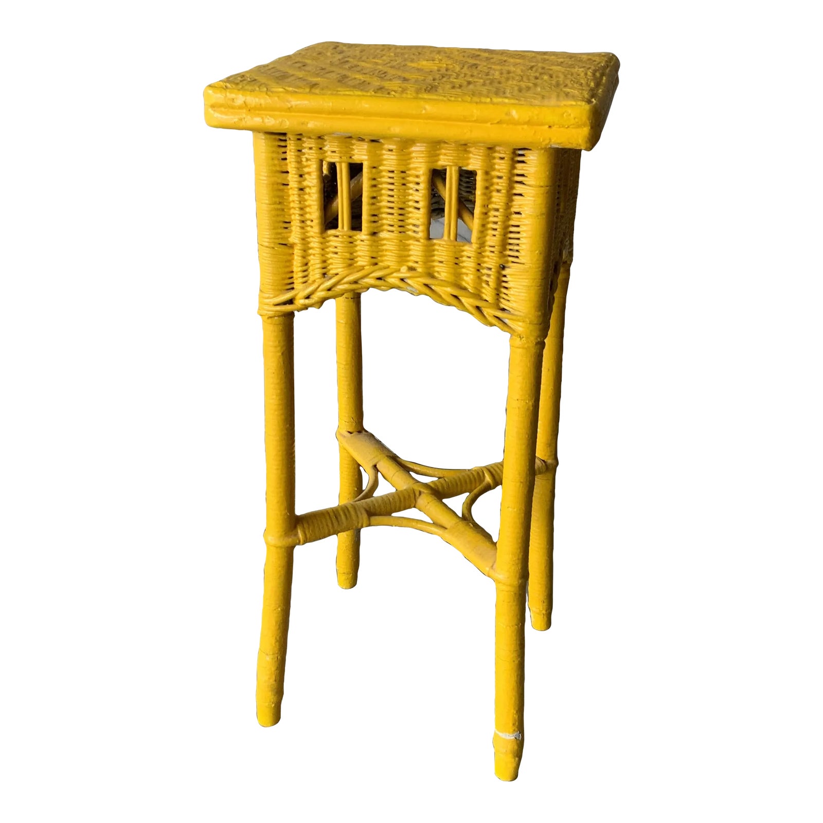 1980s Vintage Bright Yellow Wicker Side Table | Chairish