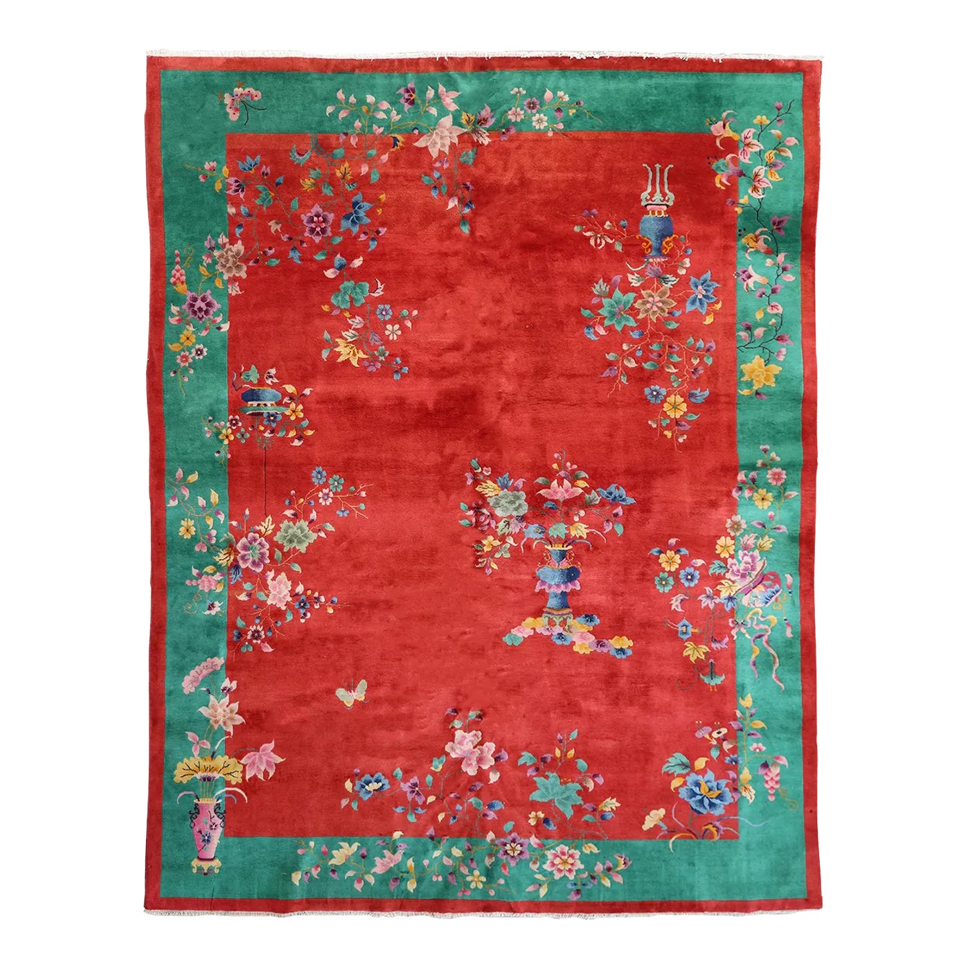 1920s Ruby Red and Emerald Green Floral Vintage Chinese Art Deco Rug 8 ...