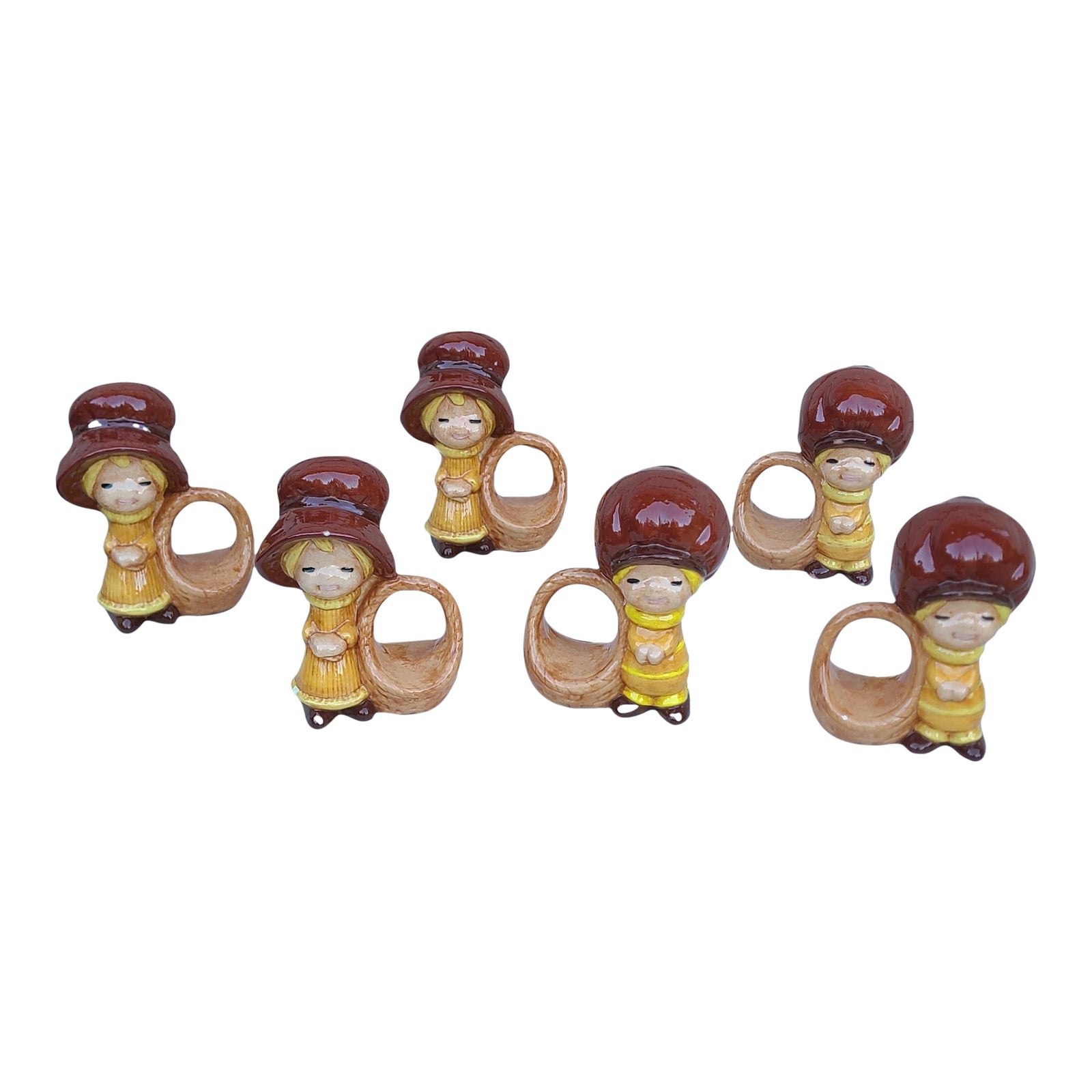 1970's Folk Art Figural Napkin Rings - Set of 6 | Chairish