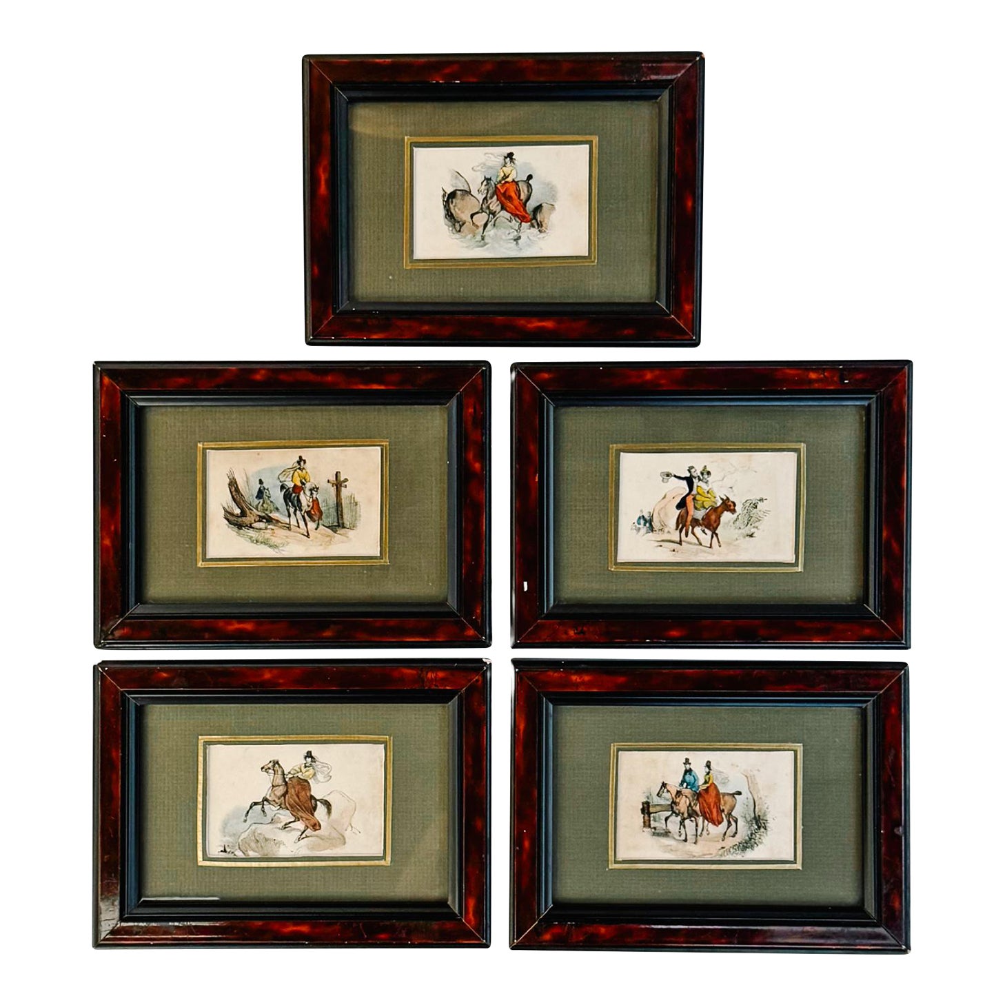 French Antique Hand-Colored Equestrian Miniature Color Etchings in Faux ...