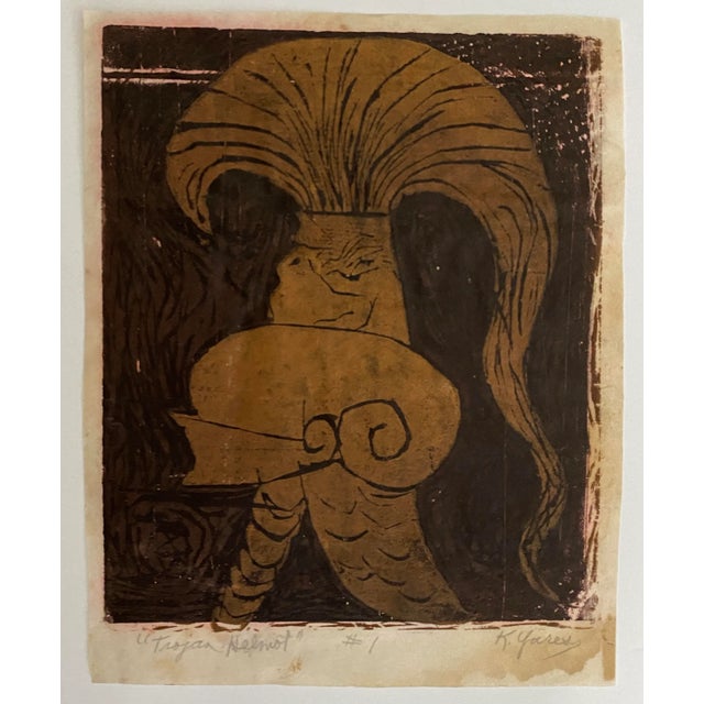 1960s Kay Yares Trojan Helmet Woodblock Print | Chairish