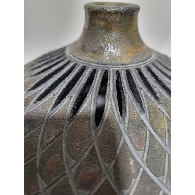 Artist Signed Studio Pottery Incised and Pierced Raku Vessel | Chairish