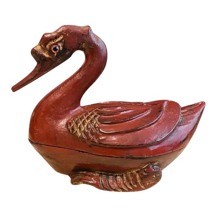 Late 19th Century Chinese Qing Red Lacquered Duck Shaped Wooden Box ...