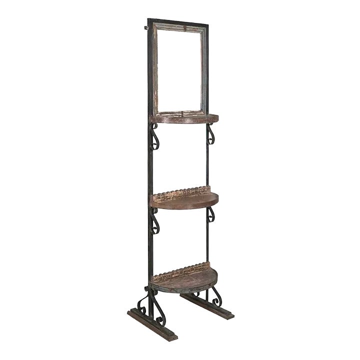 1970s Tall Vintage Iron & Wood Display Rack With Mirror | Chairish