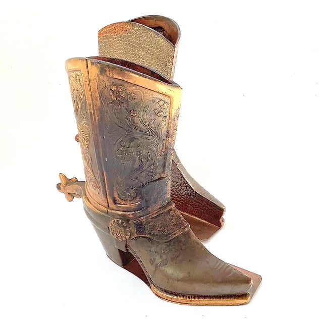 Vintage Metal Cowboy Boot Bookends/Vases | Chairish