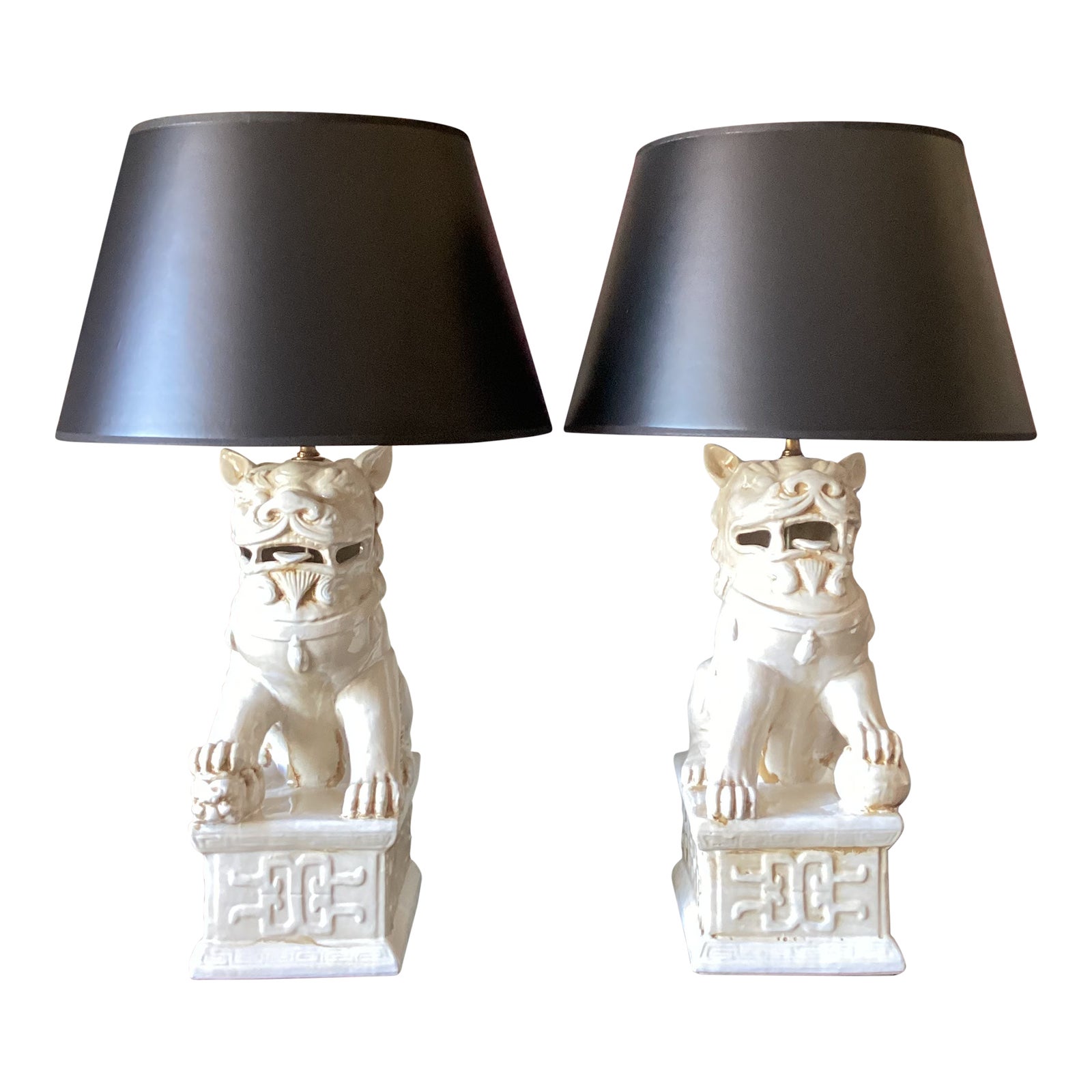 Pair of Lamp Arts Ceramic Foo Dog Lamps With Black Empire Shades | Chairish