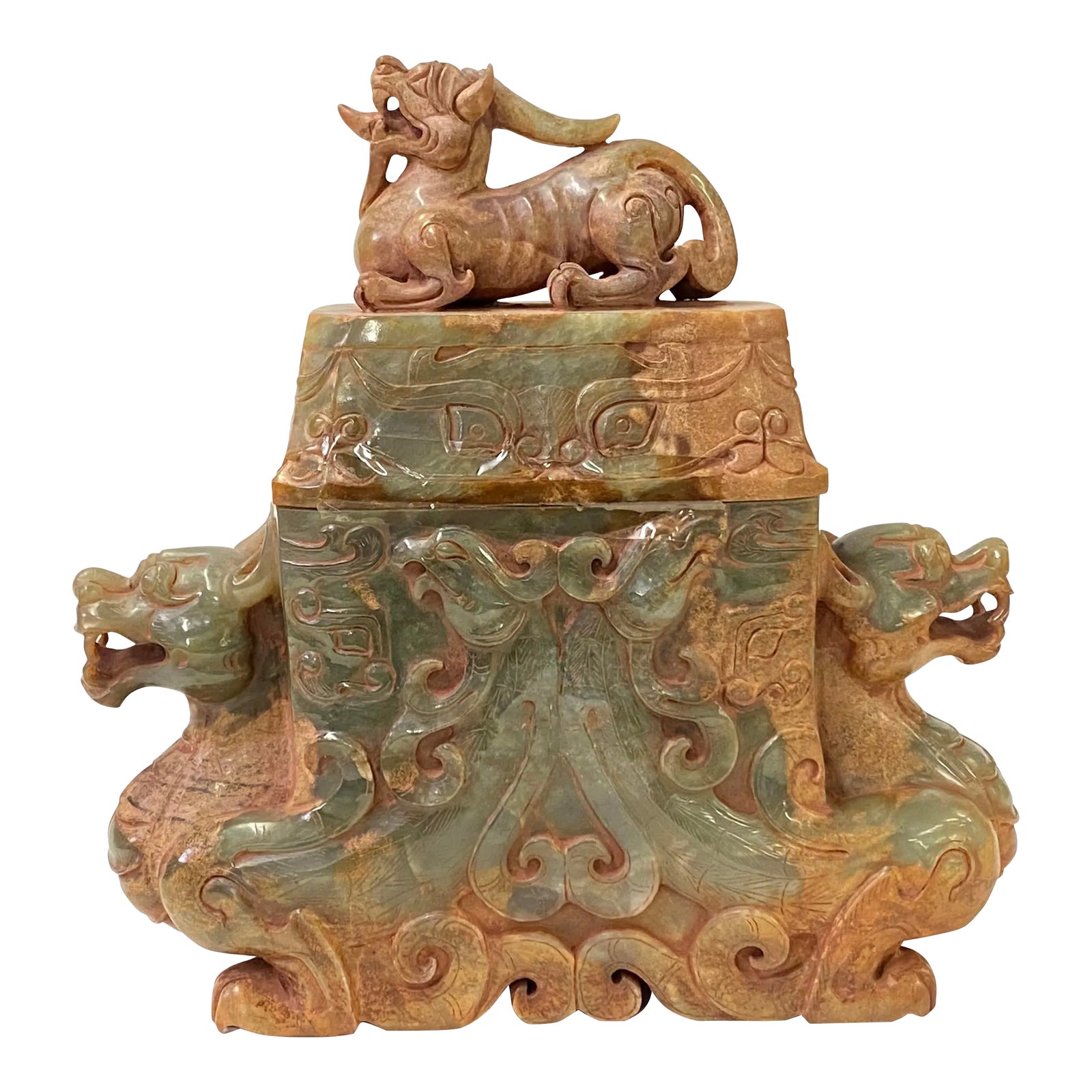 Chinese Stone Carved Tan Green Rectangular Pixiu Incense Burner Display ...