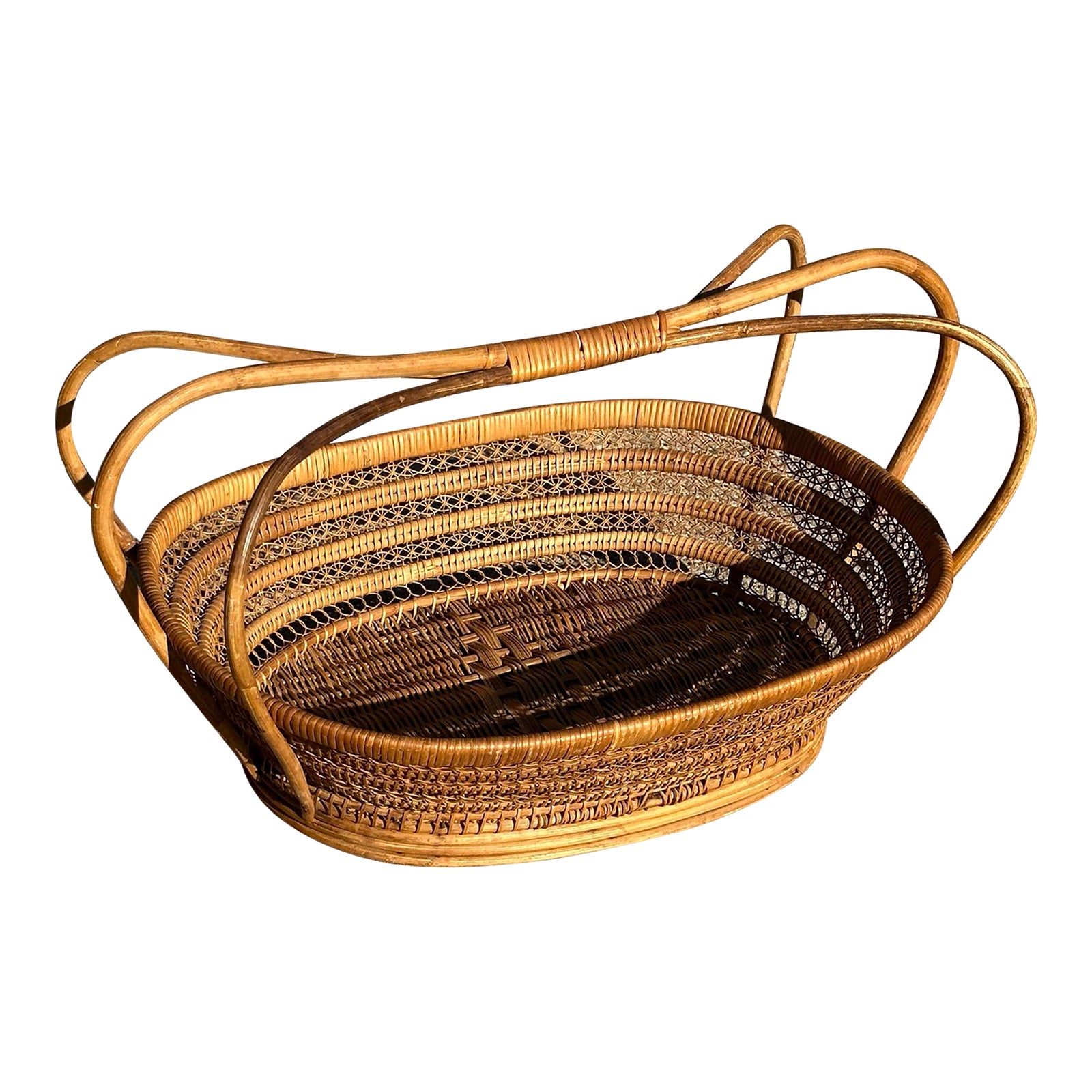 Antique Victorian Large Oval Fine Open Weave Wicker Reed Basket Curved ...