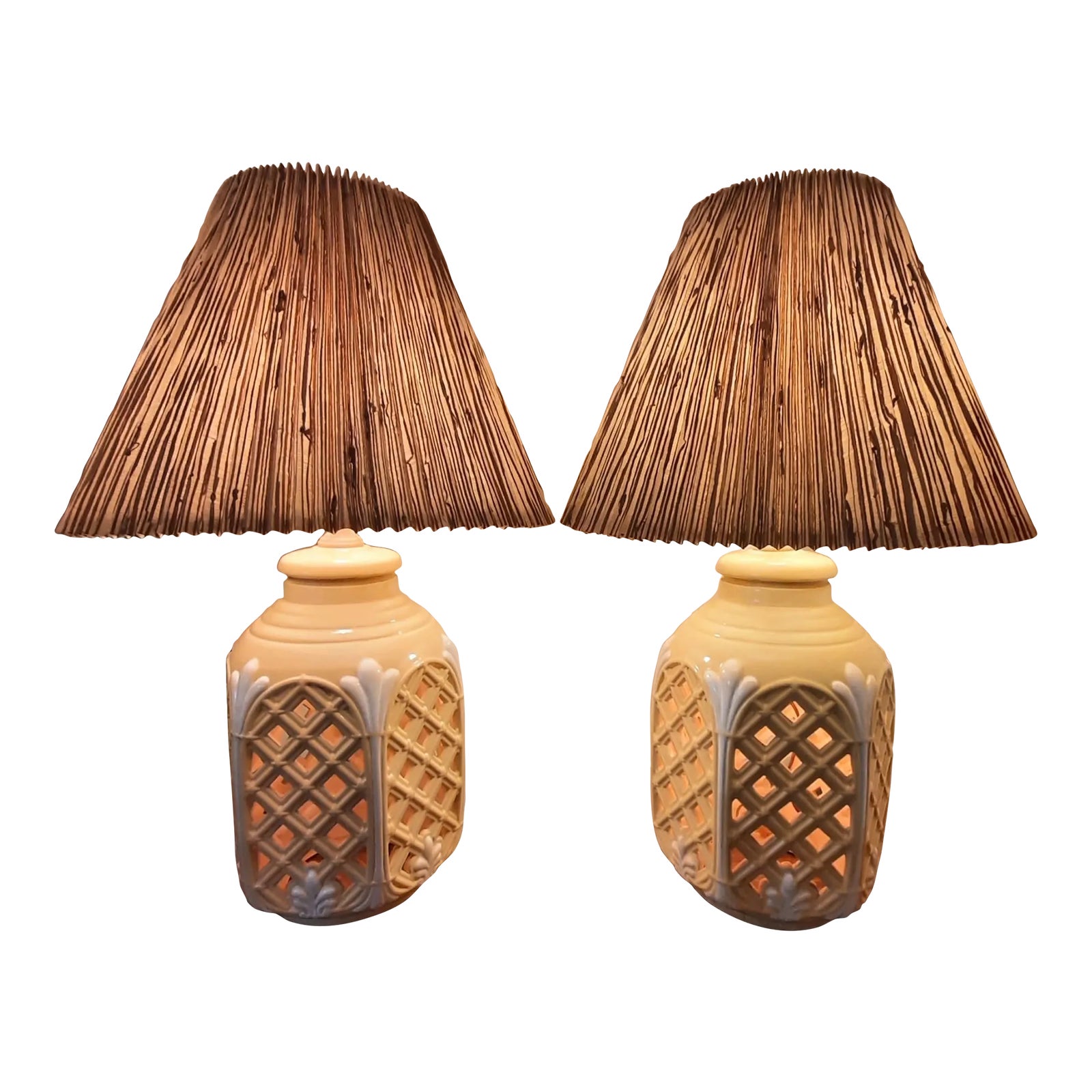 Mid Century Lattice Reticulated Pair Lamps Grass Cloth Shade | Chairish
