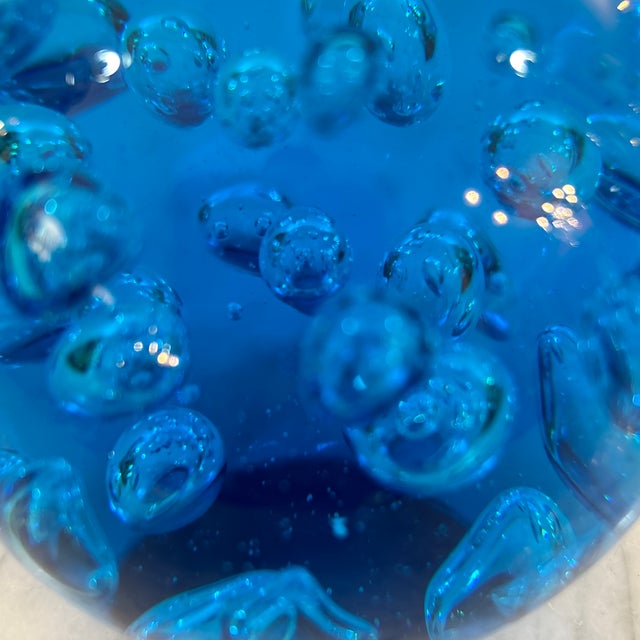 Blue Blown Glass Paperweight With Bubble Inclusions | Chairish