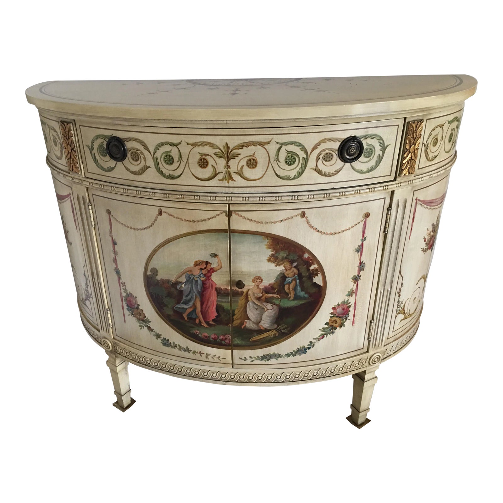 Vintage Adams Style Hand Painted Demilune Commode | Chairish