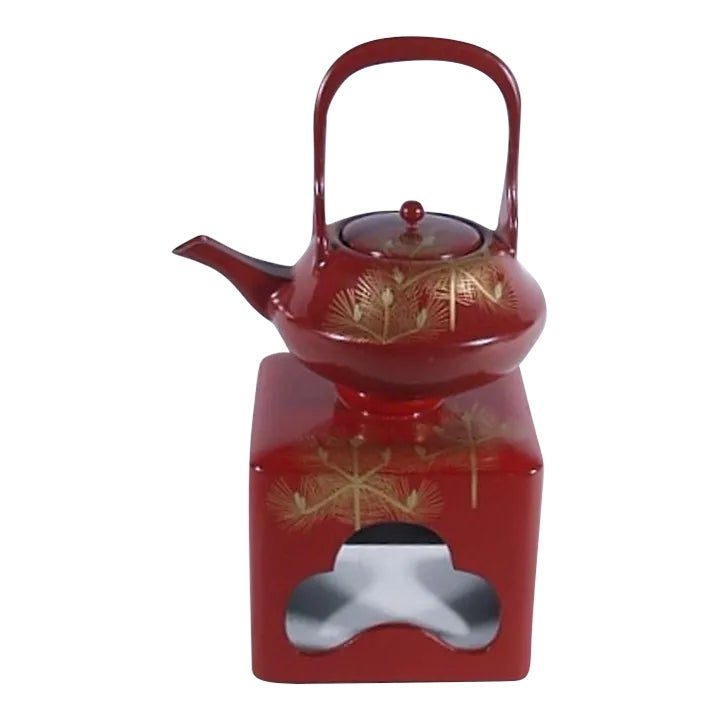 Vintage Japanese Red Lacquer and Gold Sake Pot With Stand | Chairish