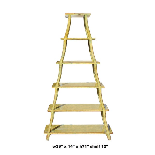 Distressed Yellow 5 Shelves Triangle Ladder Shape Bookcase Display ...