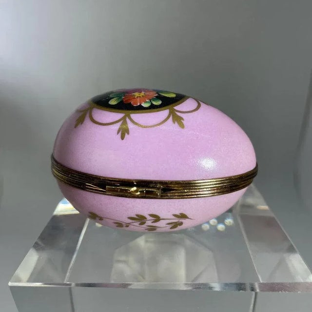 Peint Main Pink/Black Painted Limoges Egg Trinket Box | Chairish