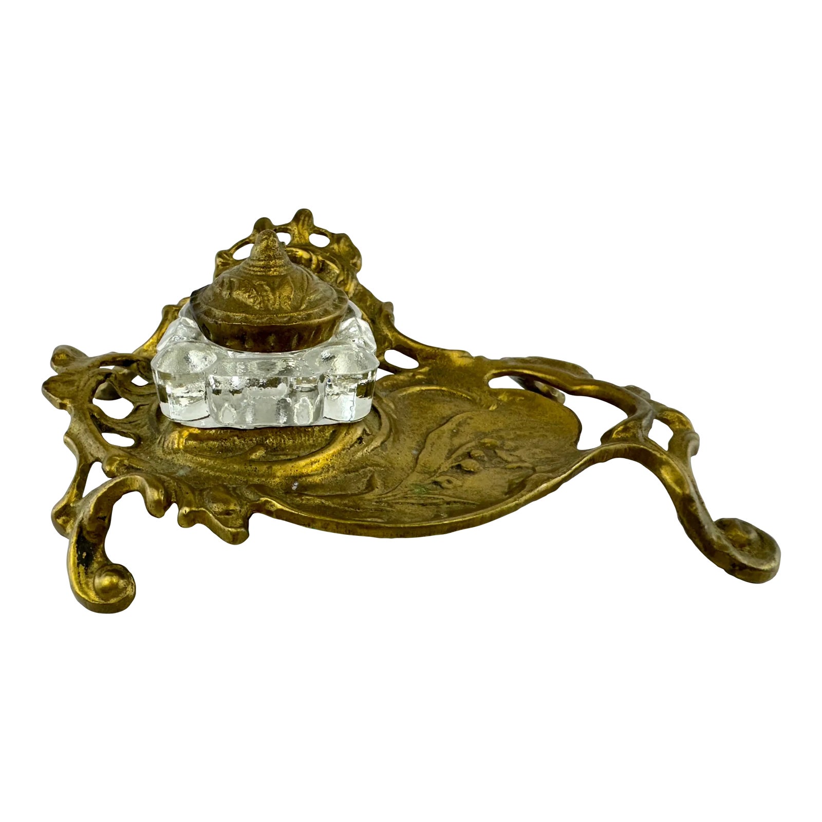 Vintage Early 20th Century Italian Brass and Crystal Ink Well | Chairish