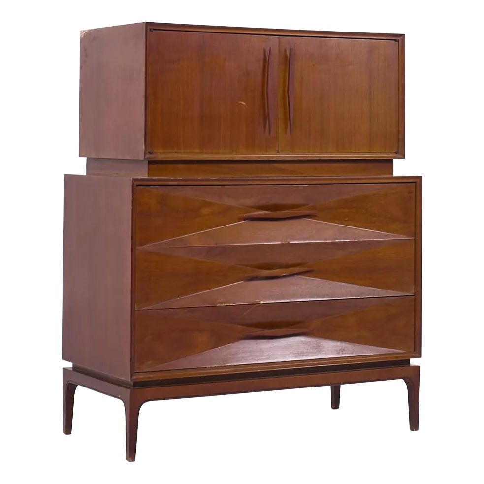 Albert Parvin Style Mid Century Walnut Highboy Dresser | Chairish