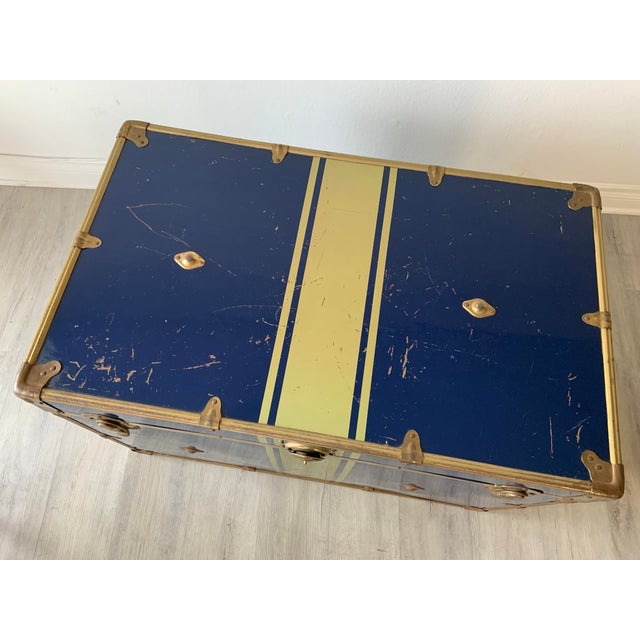 1940's / 1950’s Vintage Steamer Trunk Blue / Gold Brass Metal (Locked ...