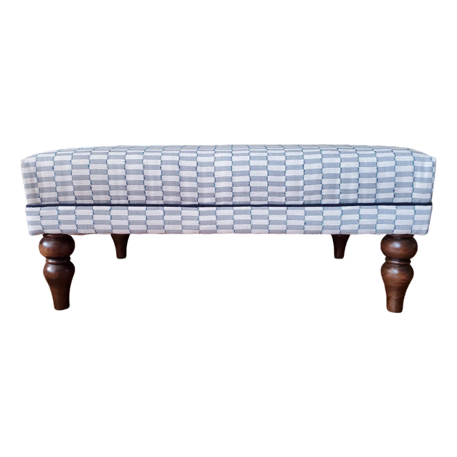 Newly Upholstered English Ottoman in Blue-Grey Woven Water Fabric ...