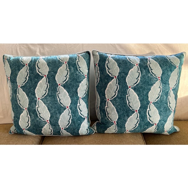 Pair of Oka Ocean Blue Fractal Leaf Pillow Covers With Duck Feather ...