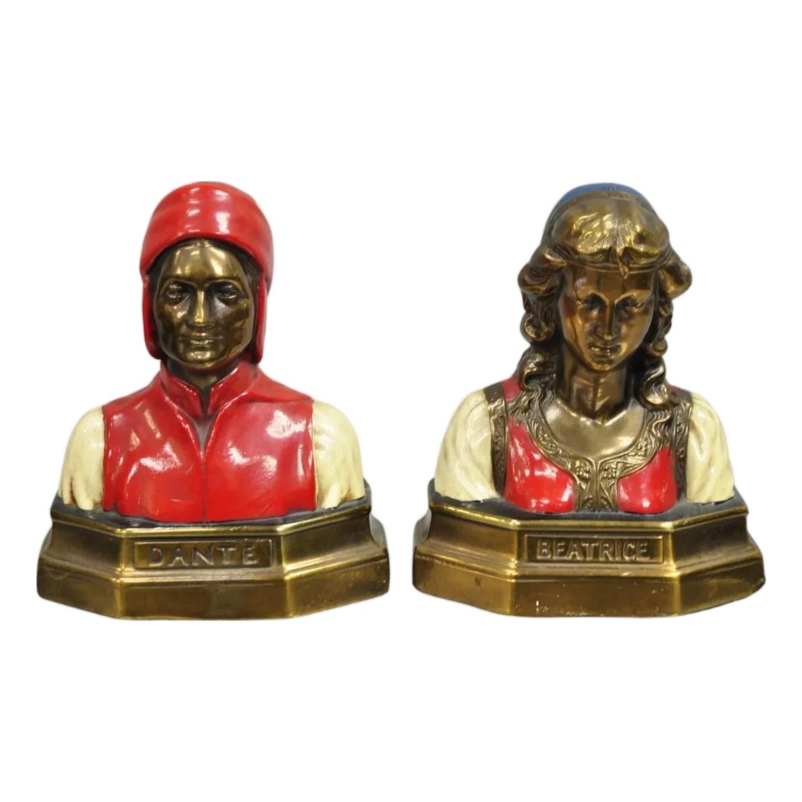 Antique Dante & Beatrice Painted Figural Bronze Bust Bookends - A Pair ...