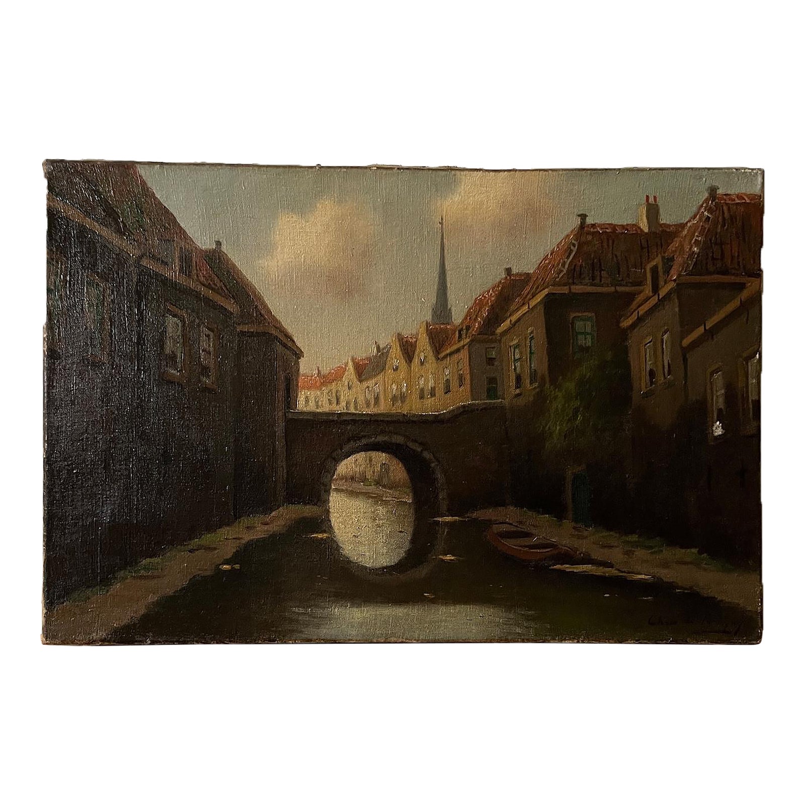 1920s Amsterdam Canal Oil Painting | Chairish
