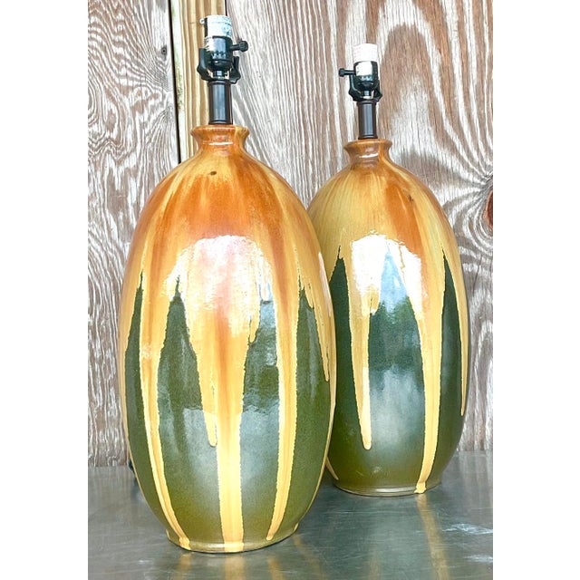 Vintage Boho Glazed Ceramic Flame Lamps - a Pair | Chairish