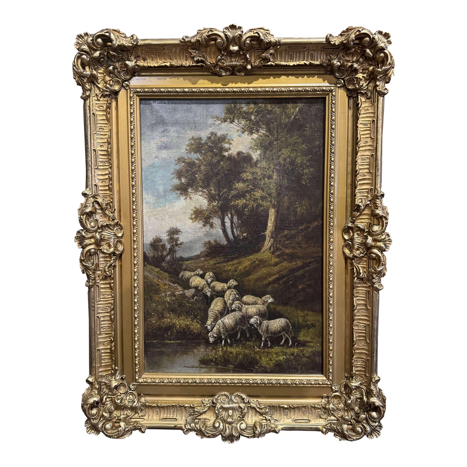 19th Century Italian Sheep Oil Painting in Carved Gilt Frame Signed G ...