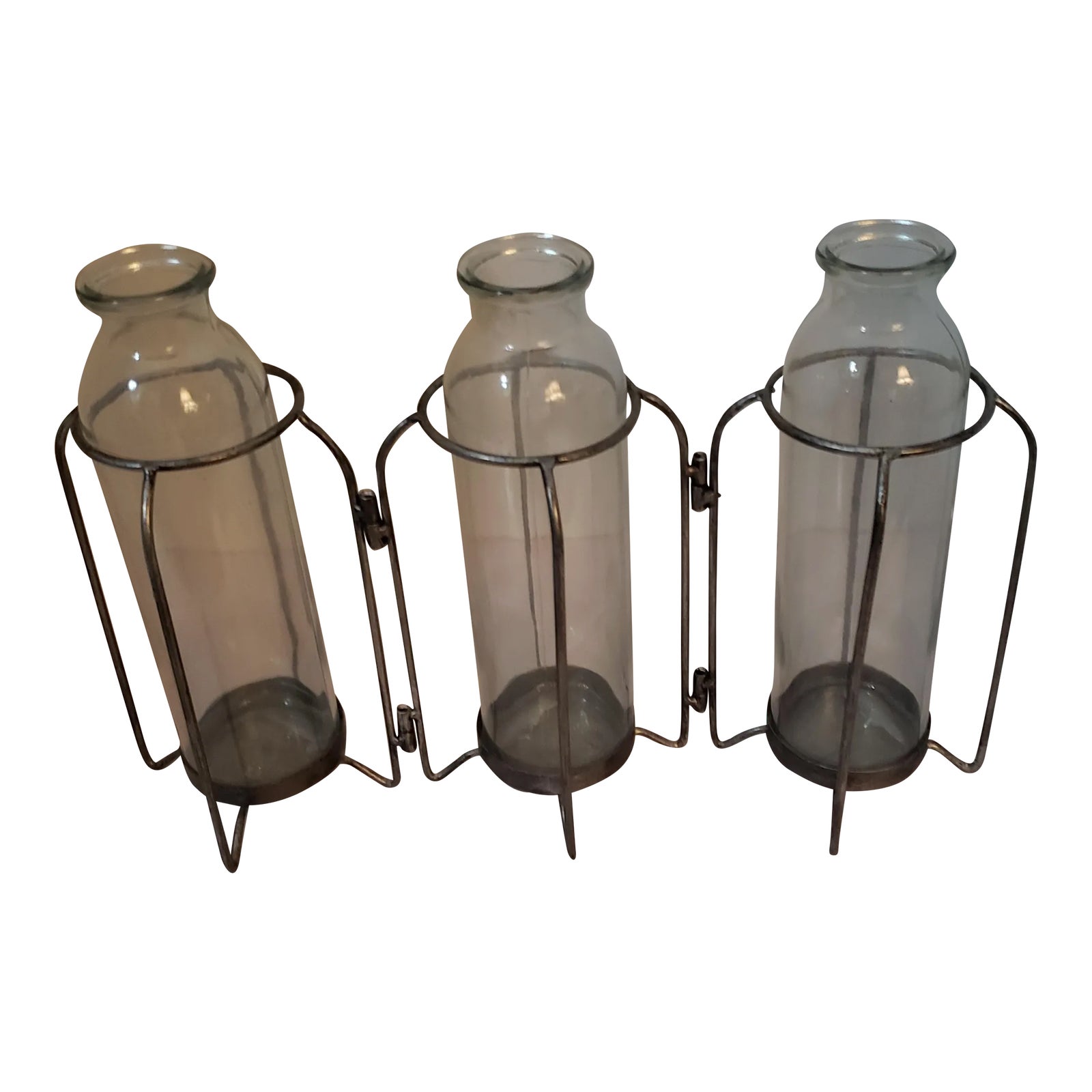 Farmhouse Style Glass Flower Vases With Attached Metal Stand | Chairish