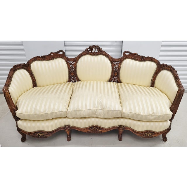 Antique French Louis XV Pierce Carved Swan Triple Back Sofa Couch ...