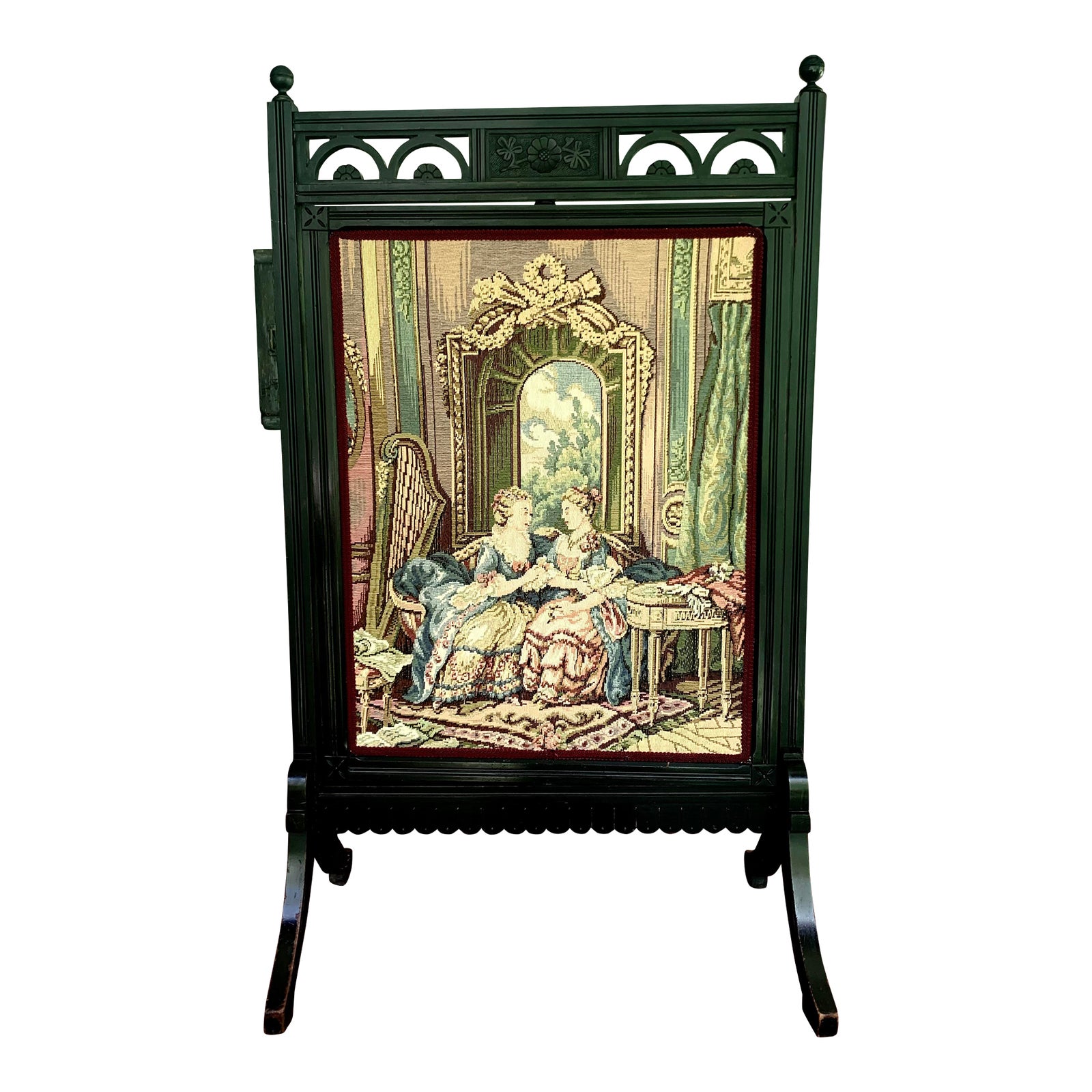 19th Century French Fire Screen With Tapestry Panels | Chairish