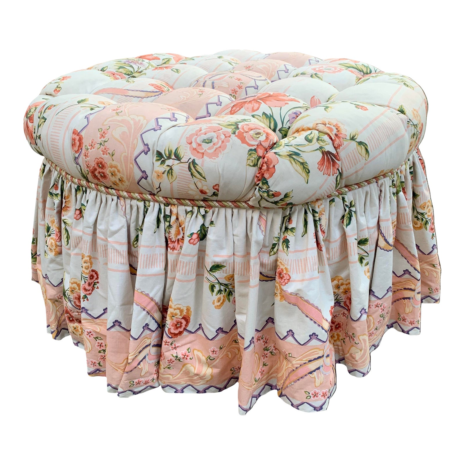 1980’s Hand Printed Floral Tufted Ottoman | Chairish