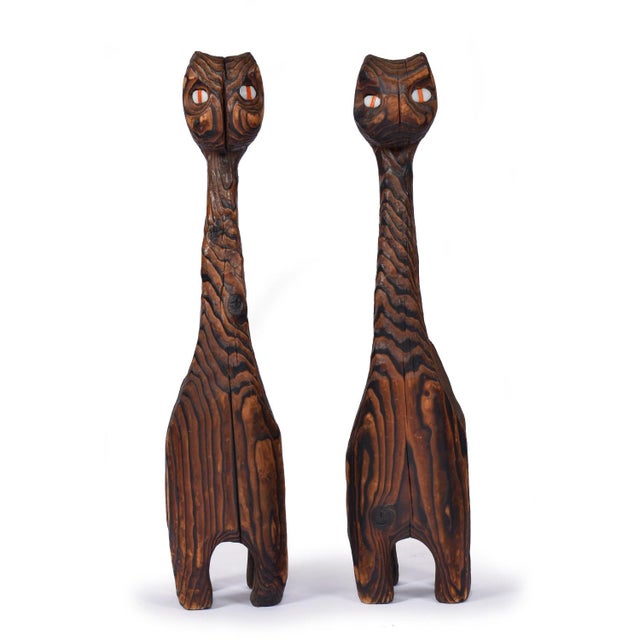 Pair of Witco Tiki Carved Cedar Wood Meathead Cat Sculpture Figures ...