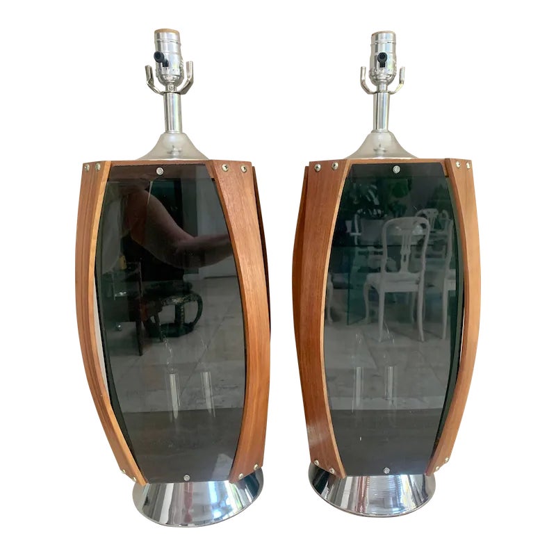 Mid-Century Smoked Lucite Walnut Lamps by Lawrin - a Pair | Chairish